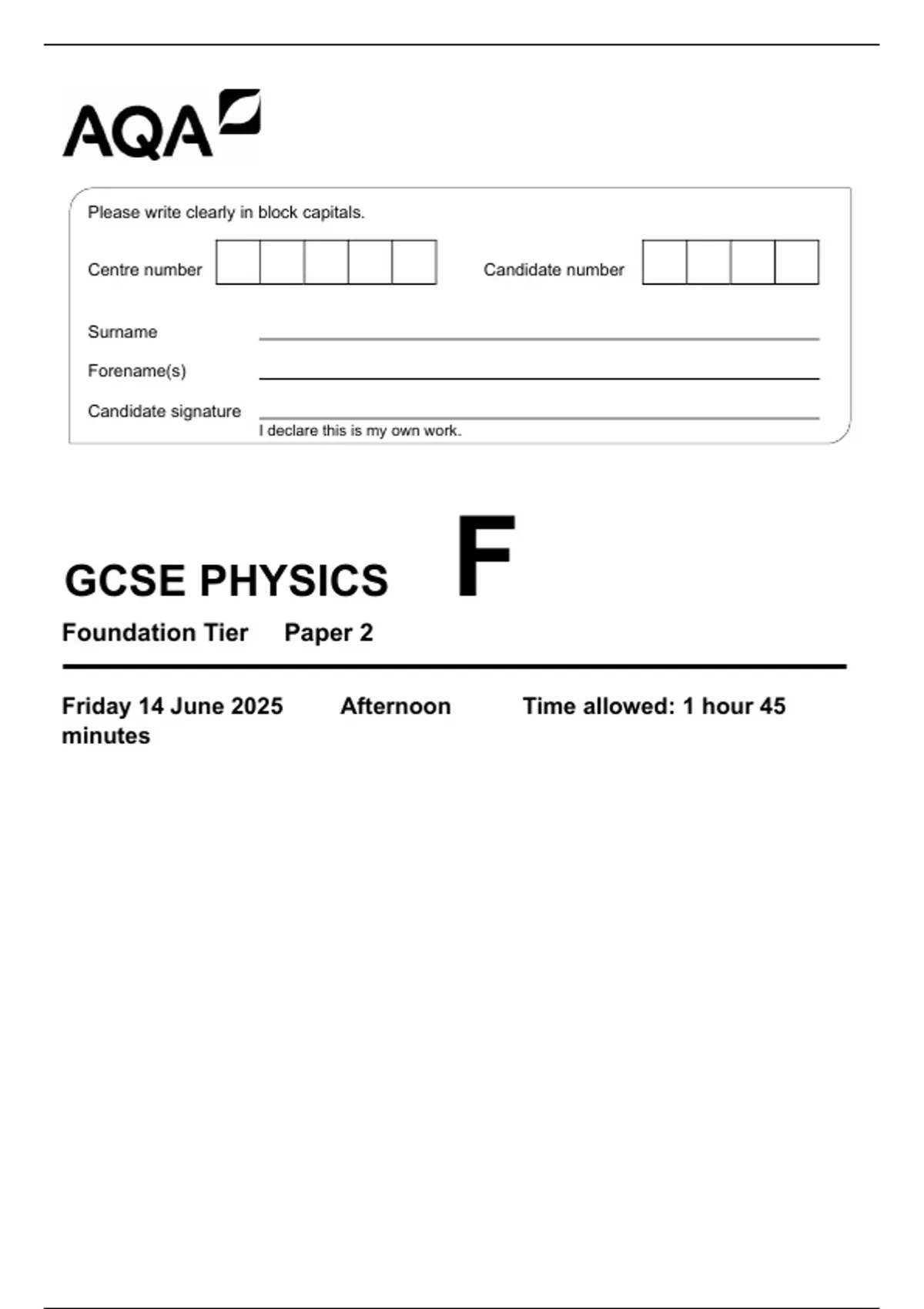 AQA GCSE Physics Paper 2 (Foundation Tier) 2025 Exam Paper + Mark ...