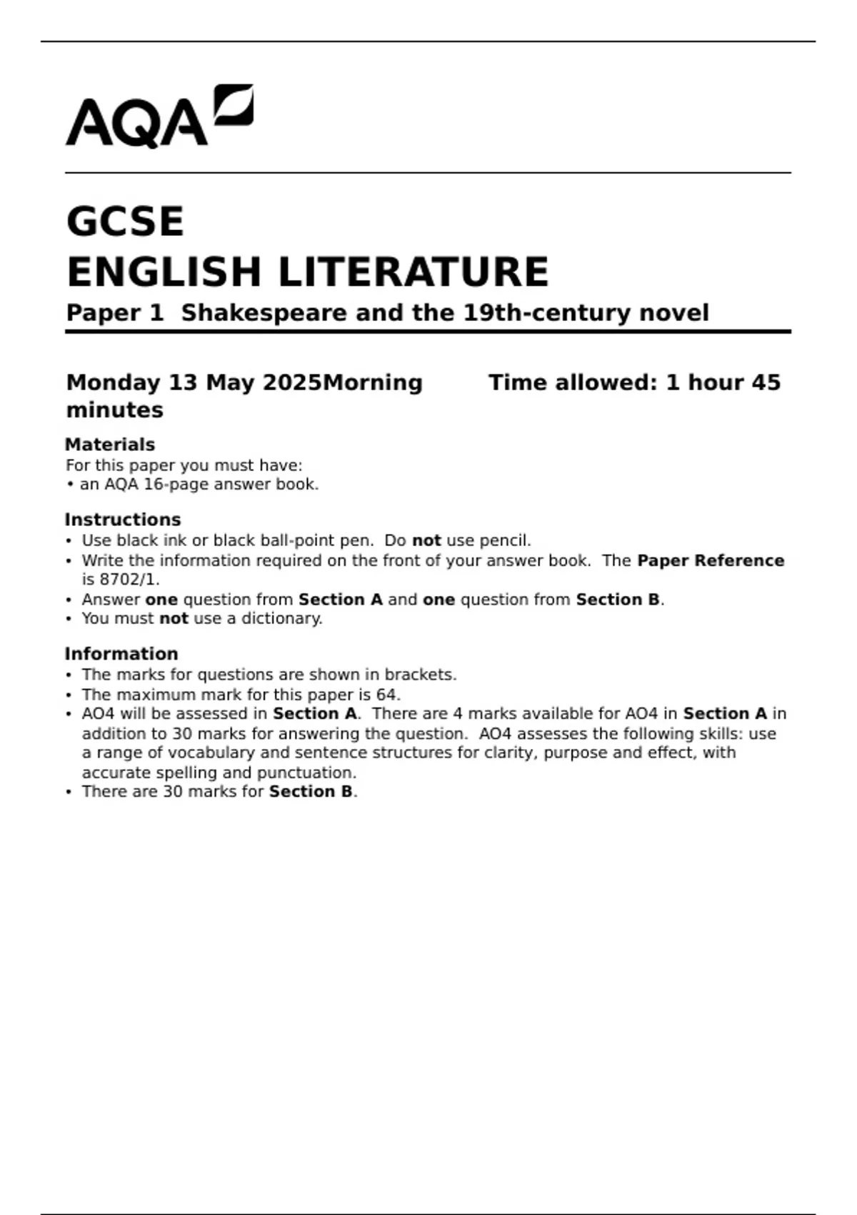 AQA GCSE English Literature Paper 1 Shakespeare & 19th‑Century Novel ...