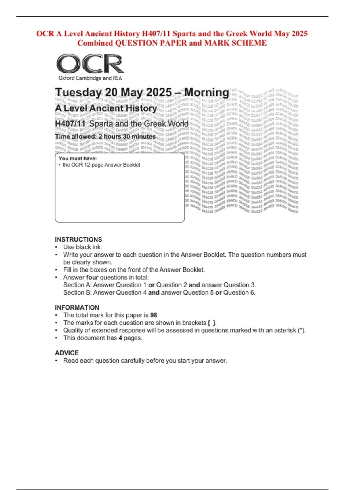 OCR A Level Ancient History H407/11 Sparta and the Greek World May 2025 ...