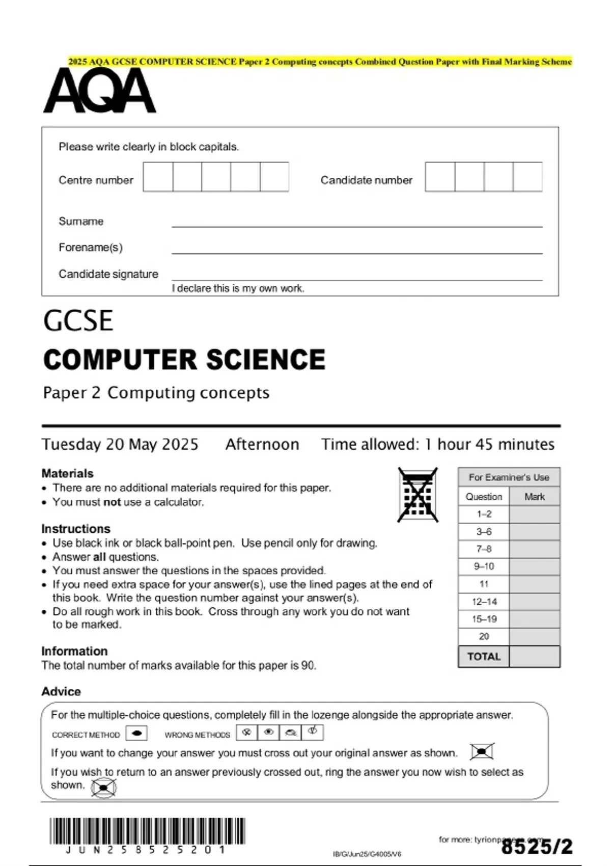 2025 AQA GCSE COMPUTER SCIENCE Paper 2 Computing concepts Combined ...