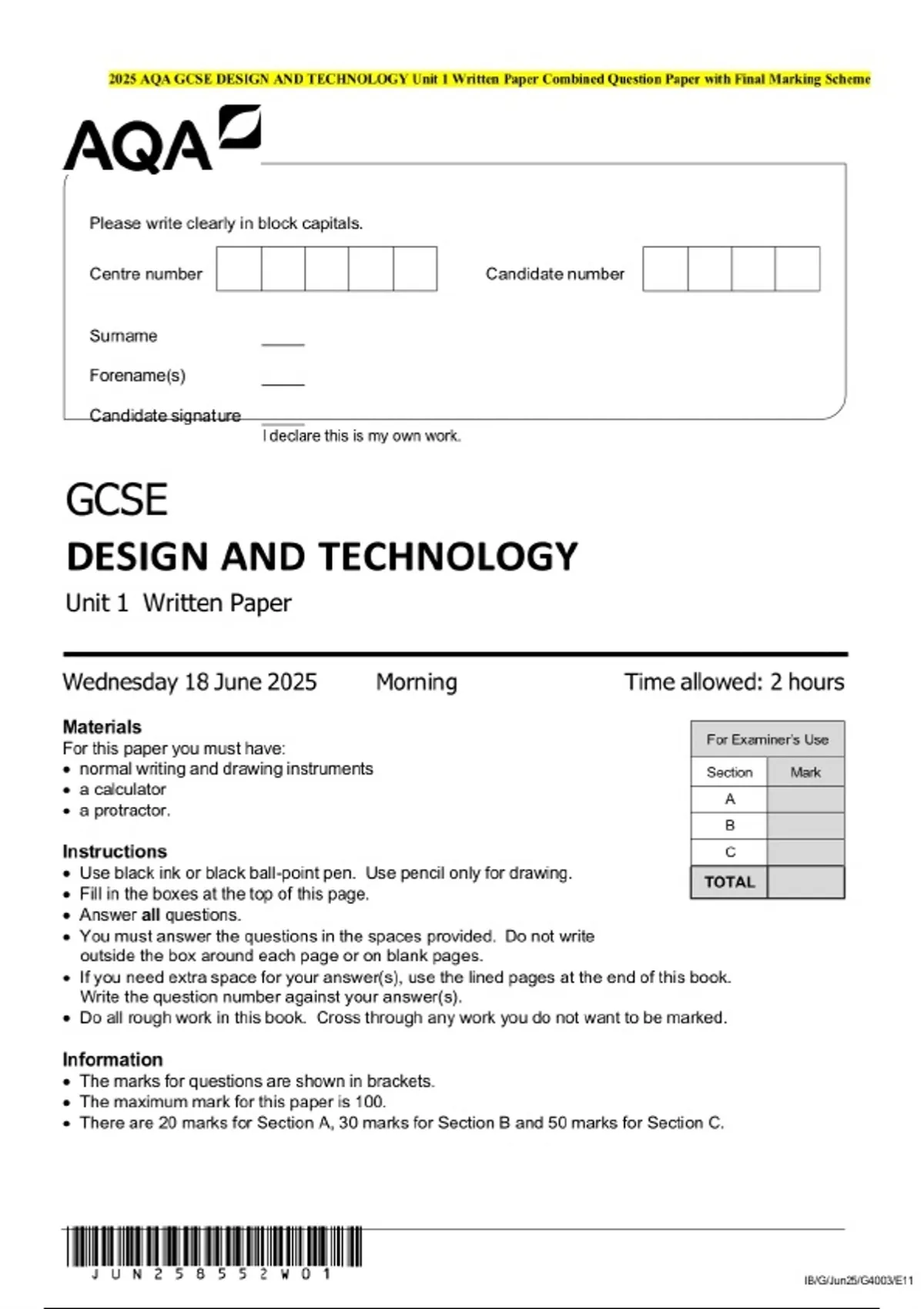 2025 AQA GCSE DESIGN AND TECHNOLOGY Unit 1 Written Paper Combined ...