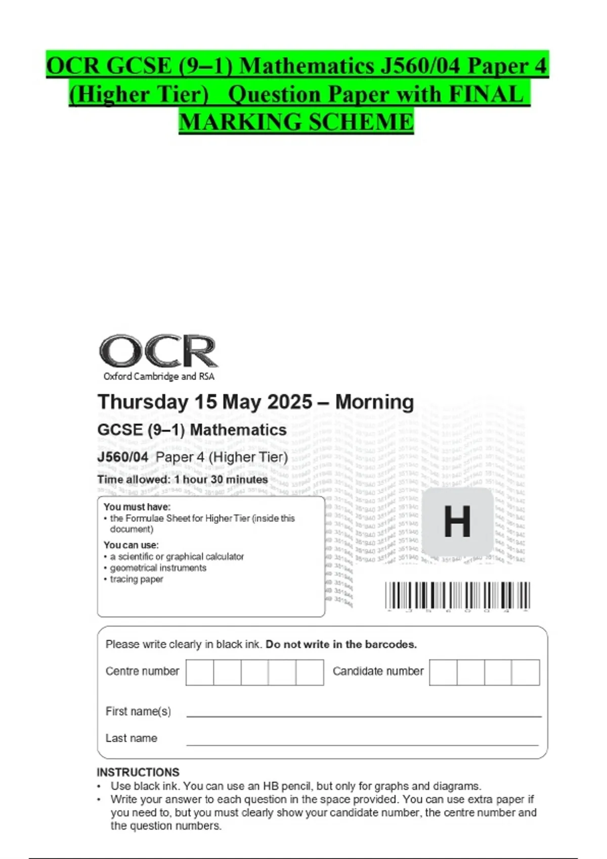 OCR GCSE (9–1) Mathematics J560/04 Paper 4 (Higher Tier) Question Paper ...
