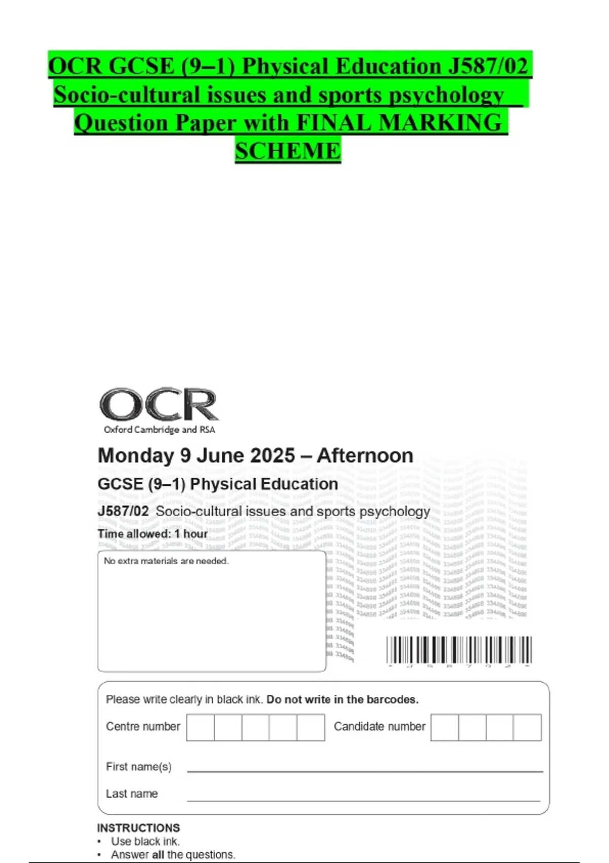 OCR GCSE (9–1) Physical Education J587/02 Socio-cultural issues and ...