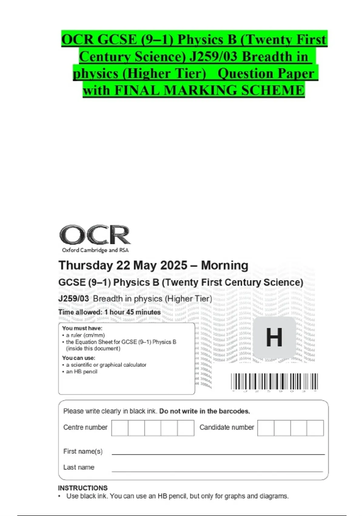 OCR GCSE (9–1) Physics B (Twenty First Century Science) J259/03 Breadth ...