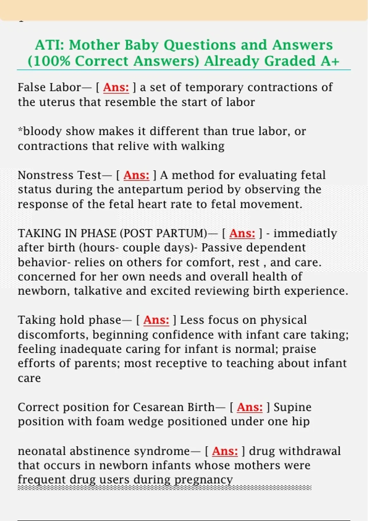 ATI: Mother Baby Questions and Answers (100% Correct Answers) Already ...