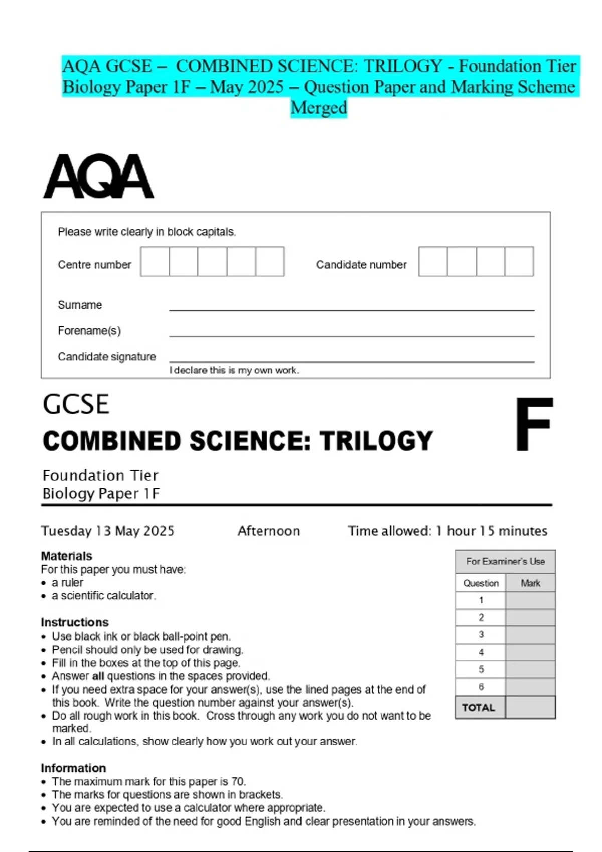 AQA GCSE - COMBINED SCIENCE: TRILOGY - Foundation Tier Biology Paper 1F ...