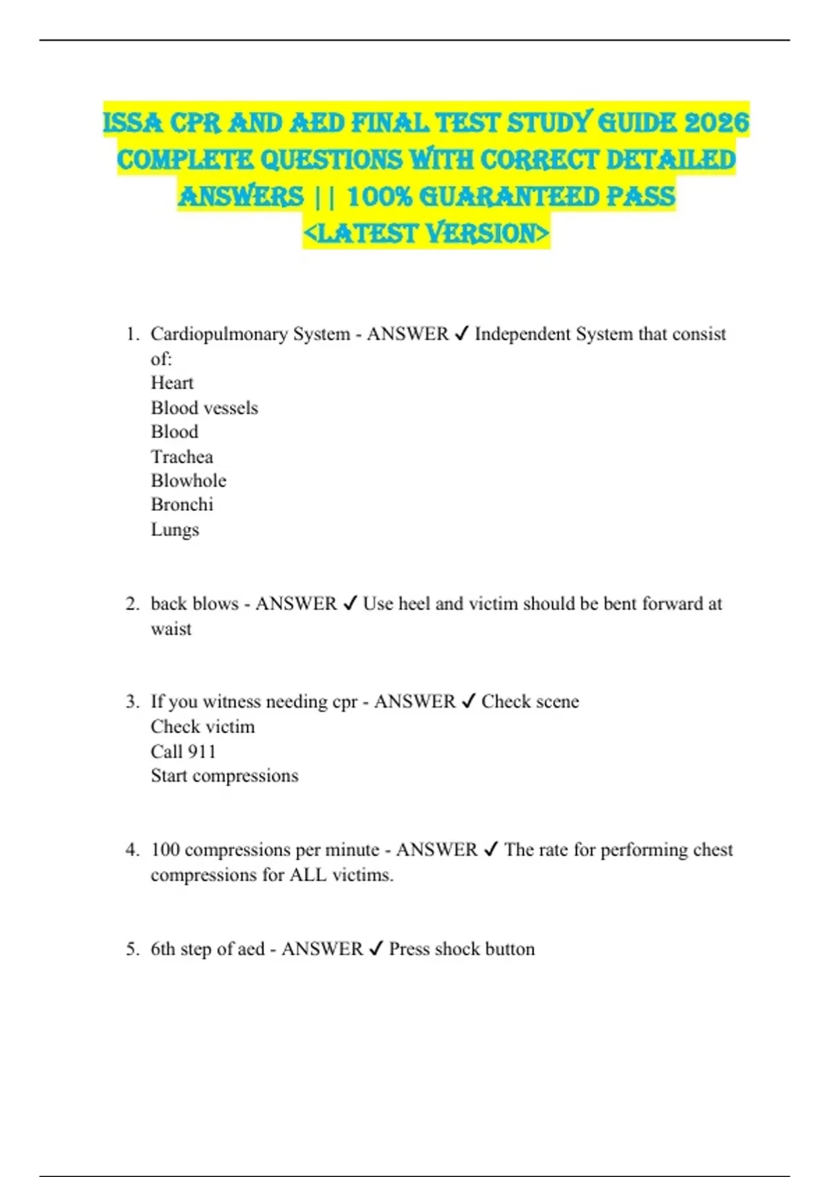 ISSA CPR AND AED FINAL TEST STUDY GUIDE 2026 COMPLETE QUESTIONS WITH ...