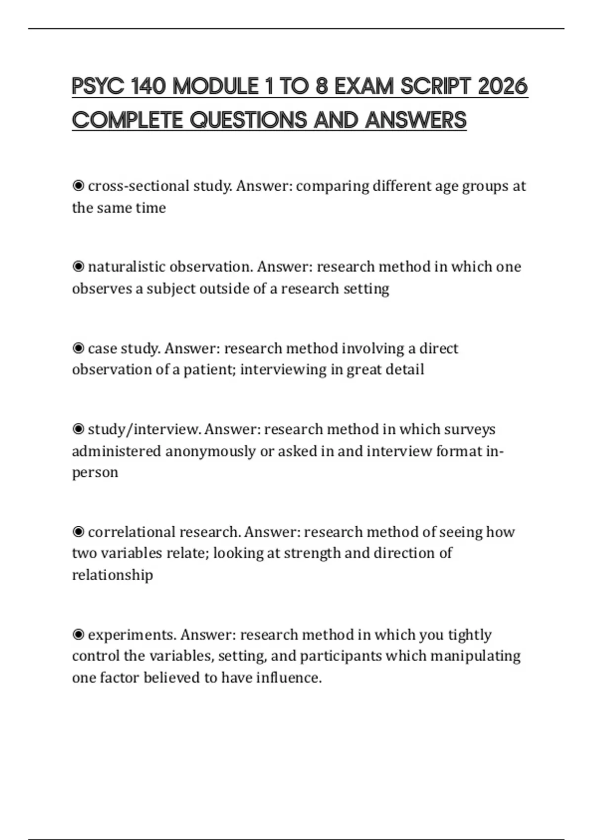 PSYC 140 MODULE 1 TO 8 EXAM SCRIPT 2026 COMPLETE QUESTIONS AND ANSWERS ...