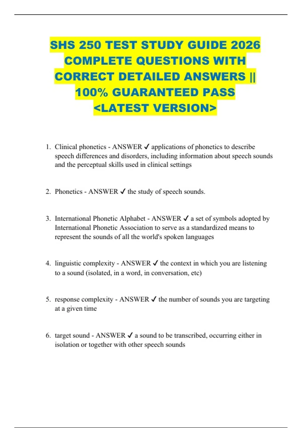 SHS 250 TEST STUDY GUIDE 2026 COMPLETE QUESTIONS WITH CORRECT DETAILED ...