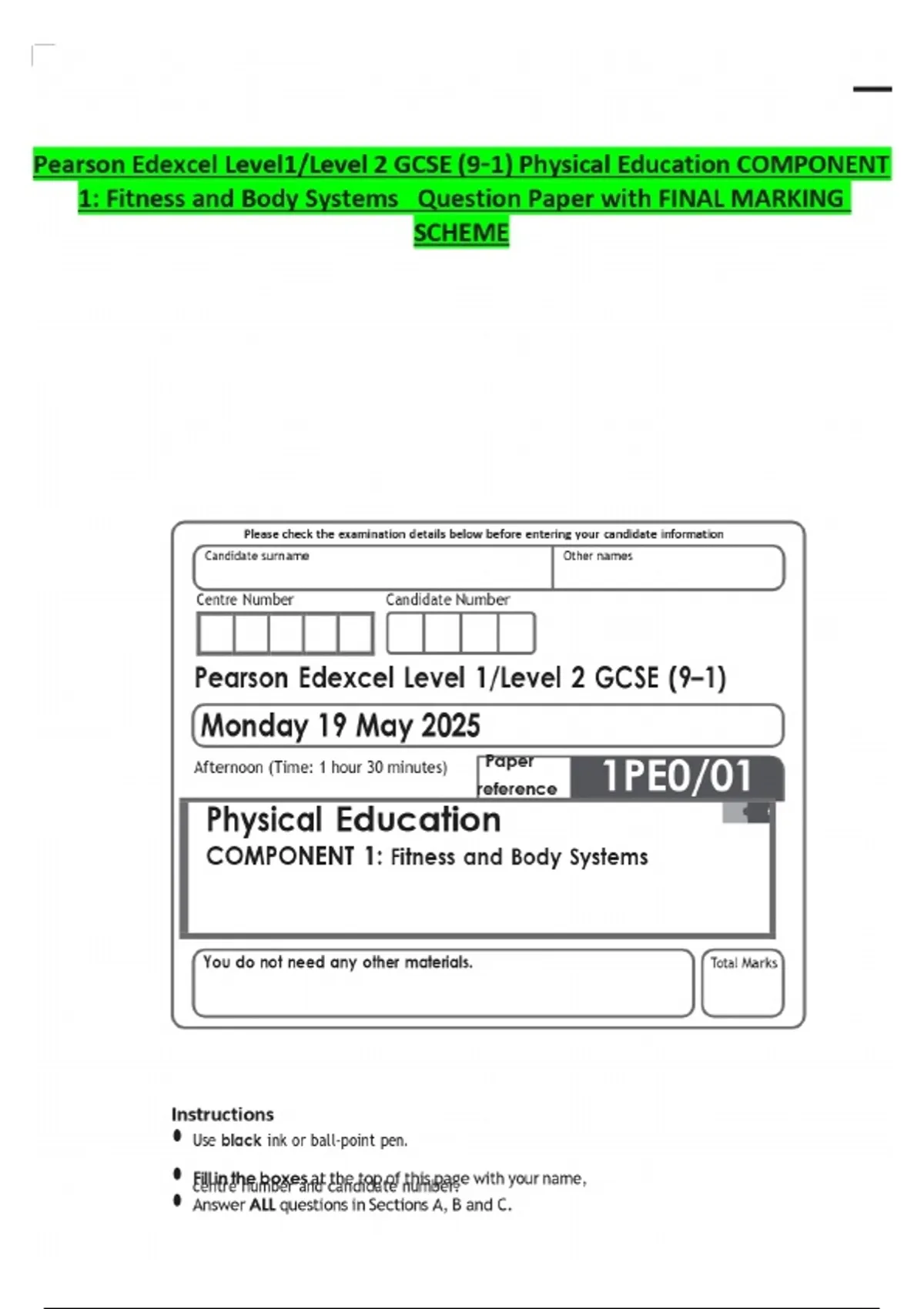 Pearson Edexcel Level1/Level 2 GCSE (9–1) Physical Education COMPONENT ...