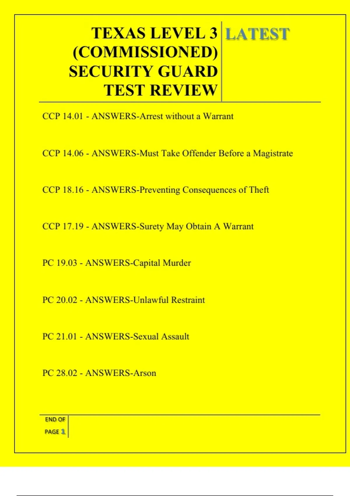 TEXAS LEVEL 3 (COMMISSIONED) SECURITY GUARD TEST REVIEW QUESTIONS AND ...