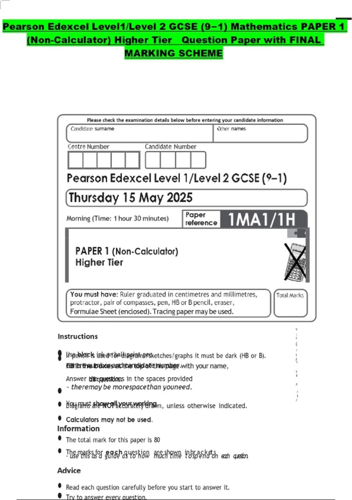 Pearson Edexcel Level1/Level 2 GCSE (9–1) Mathematics PAPER 1 (Non ...