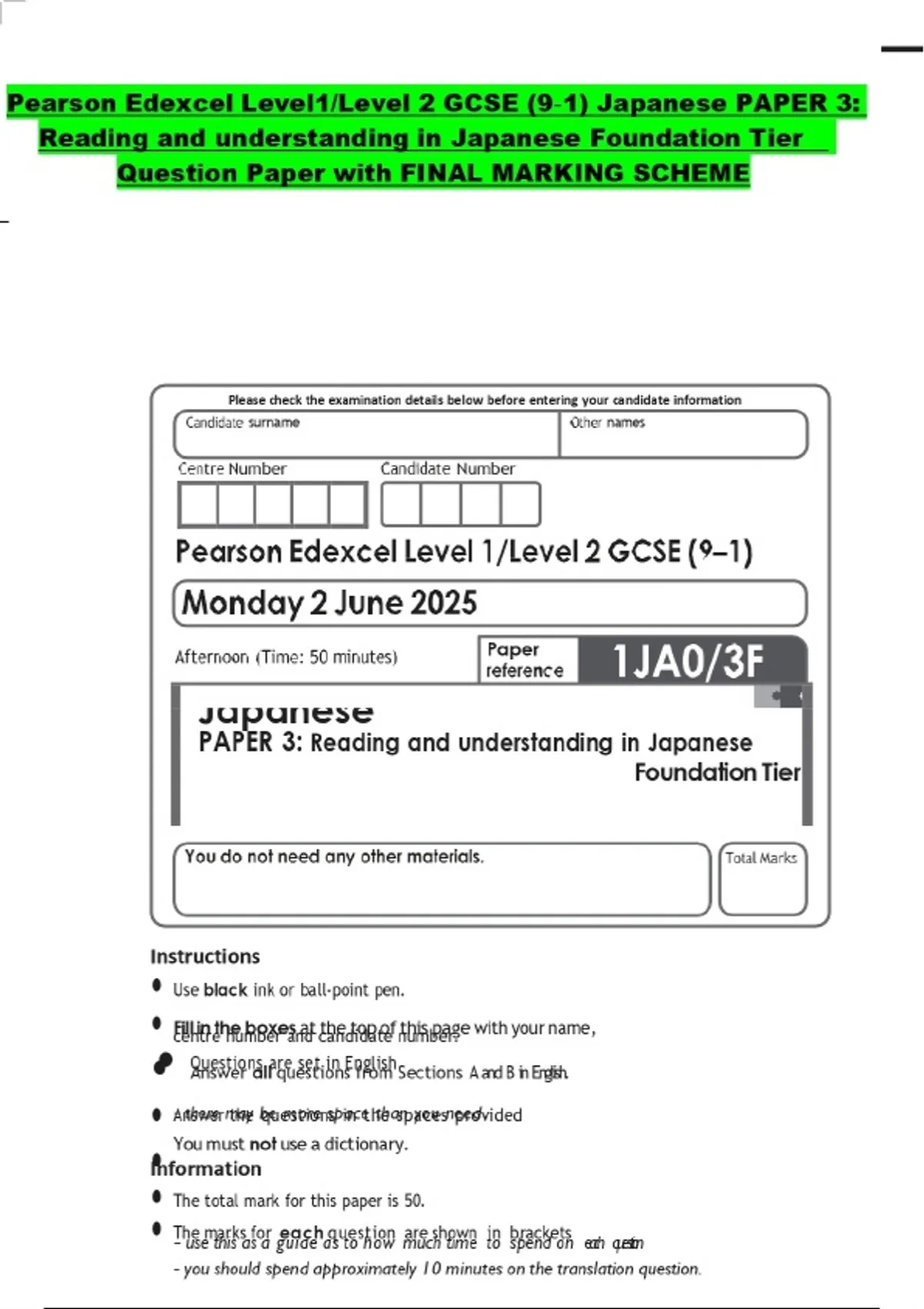 Pearson Edexcel Level1/Level 2 GCSE (9–1) Japanese PAPER 3: Reading and ...