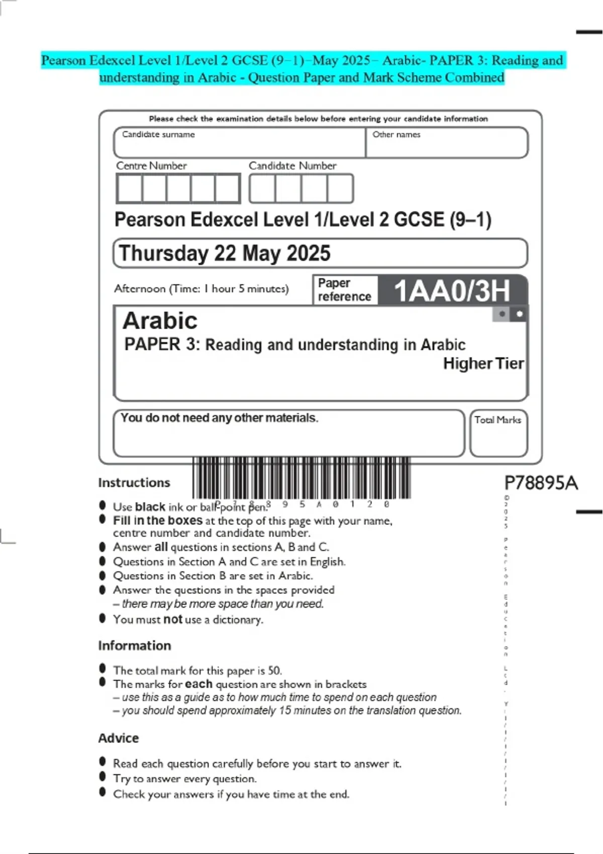 Pearson Edexcel Level 1/Level 2 GCSE (9-1)-May 2025- Arabic- PAPER 3 ...