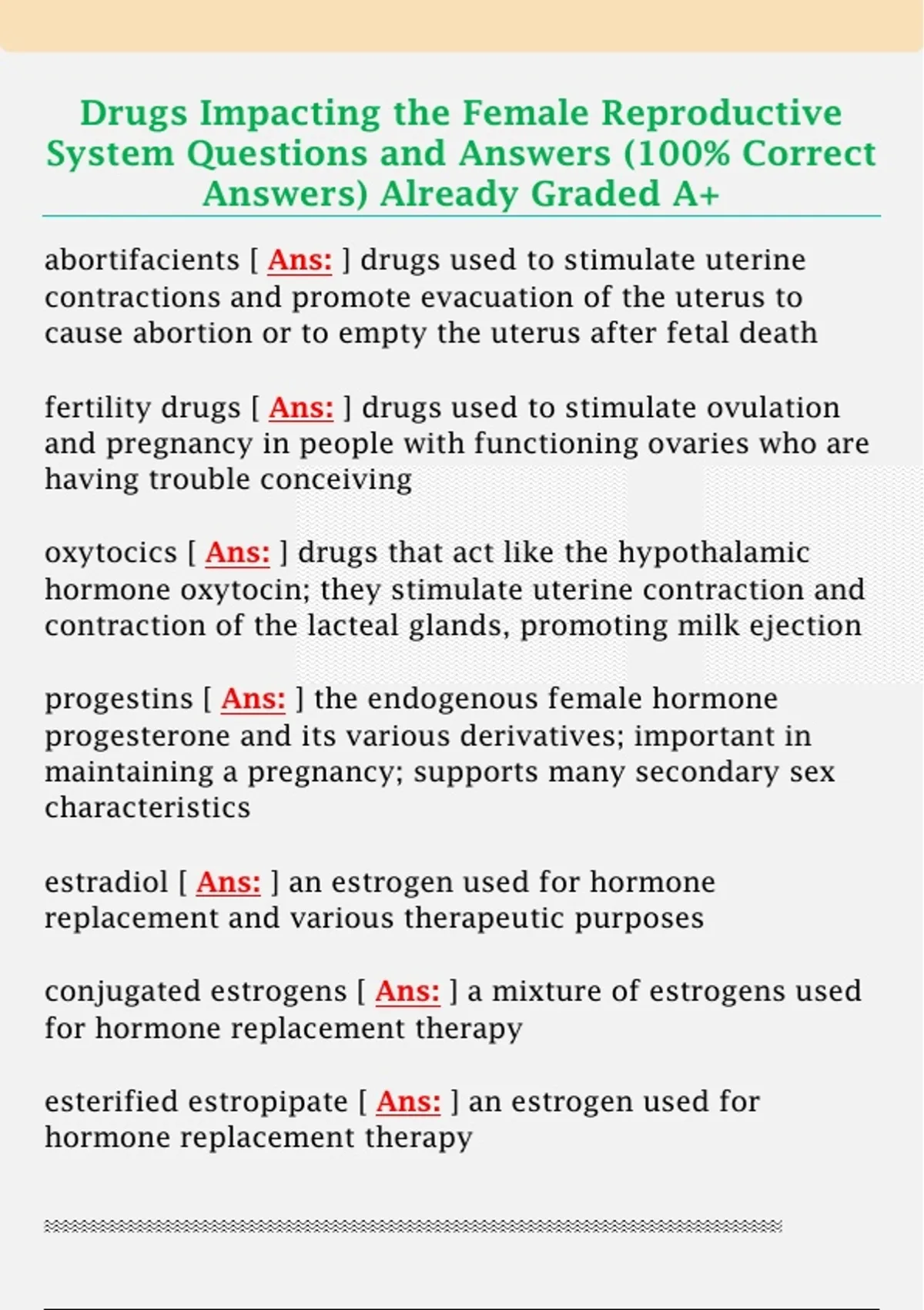 Drugs Impacting the Female Reproductive System Questions and Answers ...