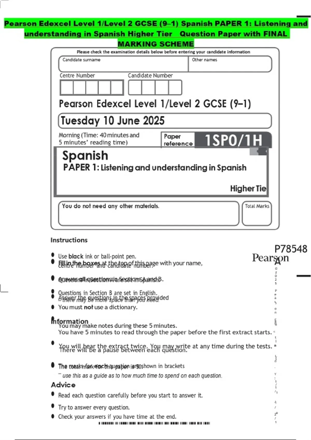 Pearson Edexcel Level 1/Level 2 GCSE (9–1) Spanish PAPER 1: Listening ...
