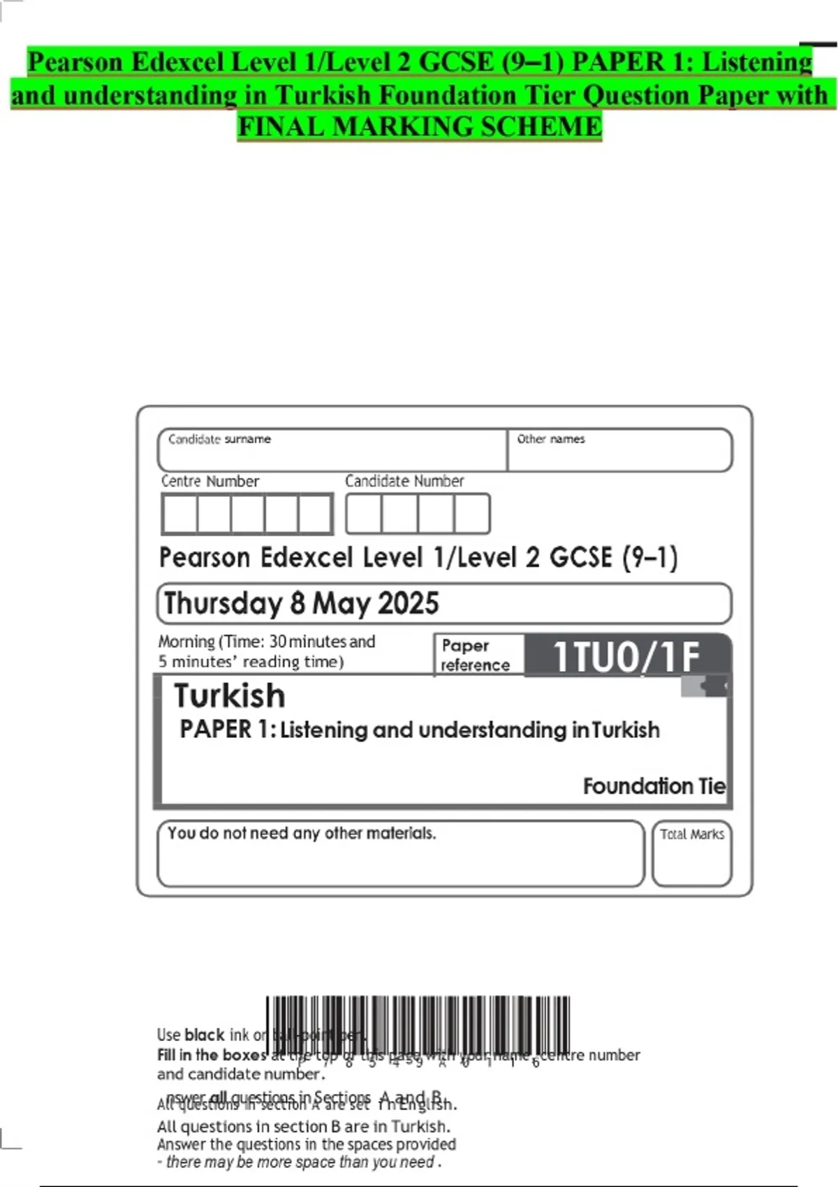 Pearson Edexcel Level 1/Level 2 GCSE (9–1) PAPER 1: Listening and ...