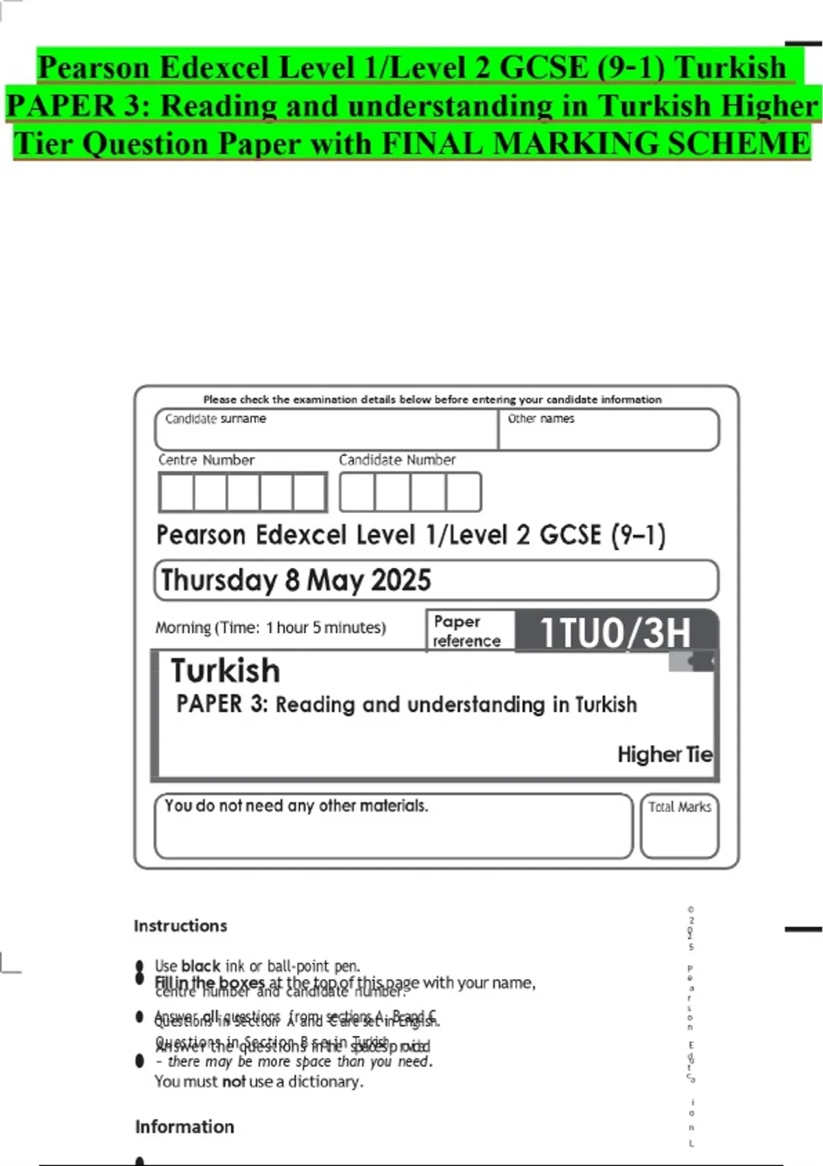 Pearson Edexcel Level 1/Level 2 GCSE (9–1) Turkish PAPER 3: Reading and ...