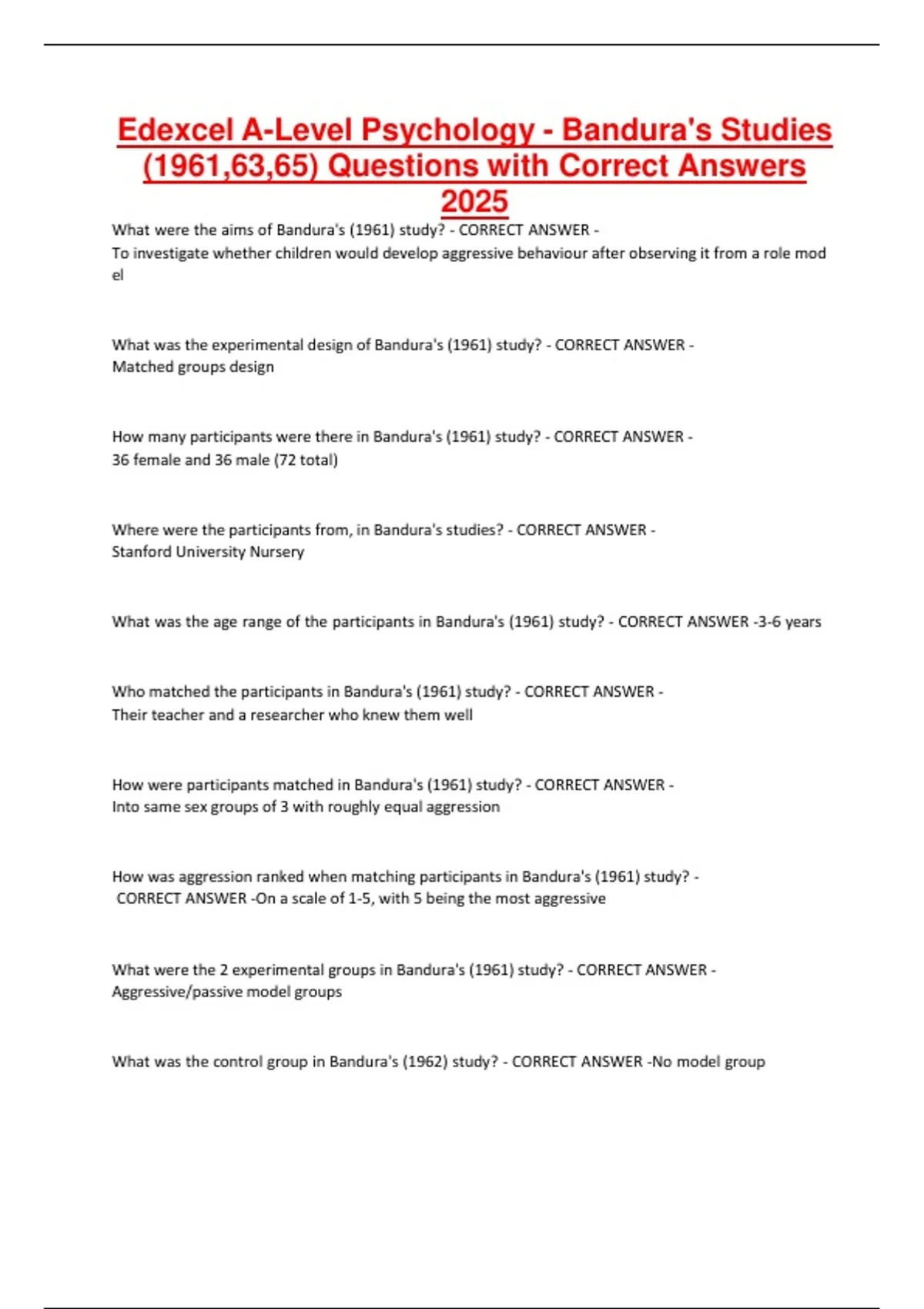 Edexcel A-Level Psychology - Bandura's Studies (1961,63,65) Questions ...