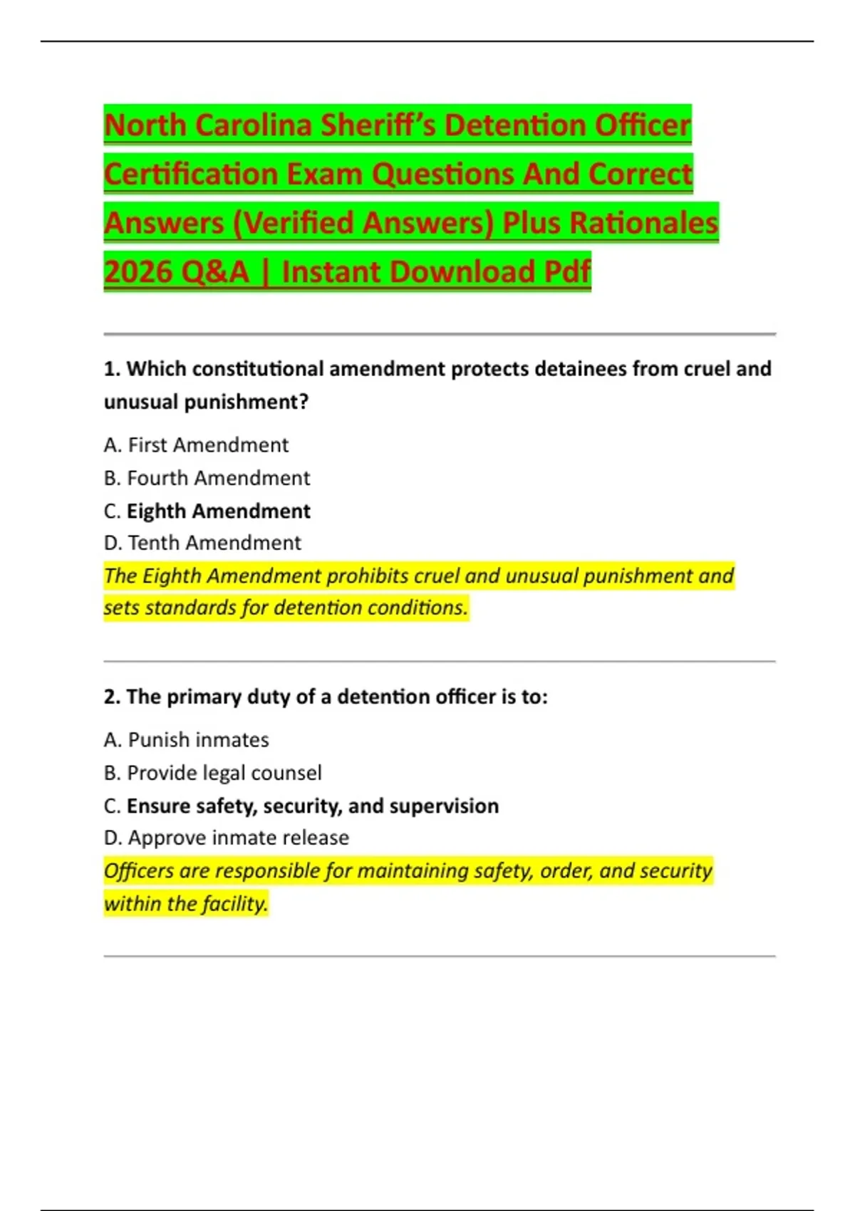 North Carolina Sheriff’s Detention Officer Certification Exam Questions ...