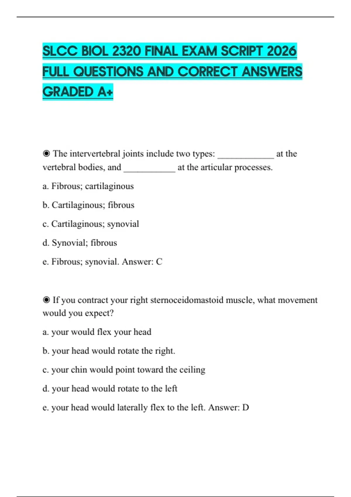 SLCC BIOL 2320 FINAL EXAM SCRIPT 2026 FULL QUESTIONS AND CORRECT ...