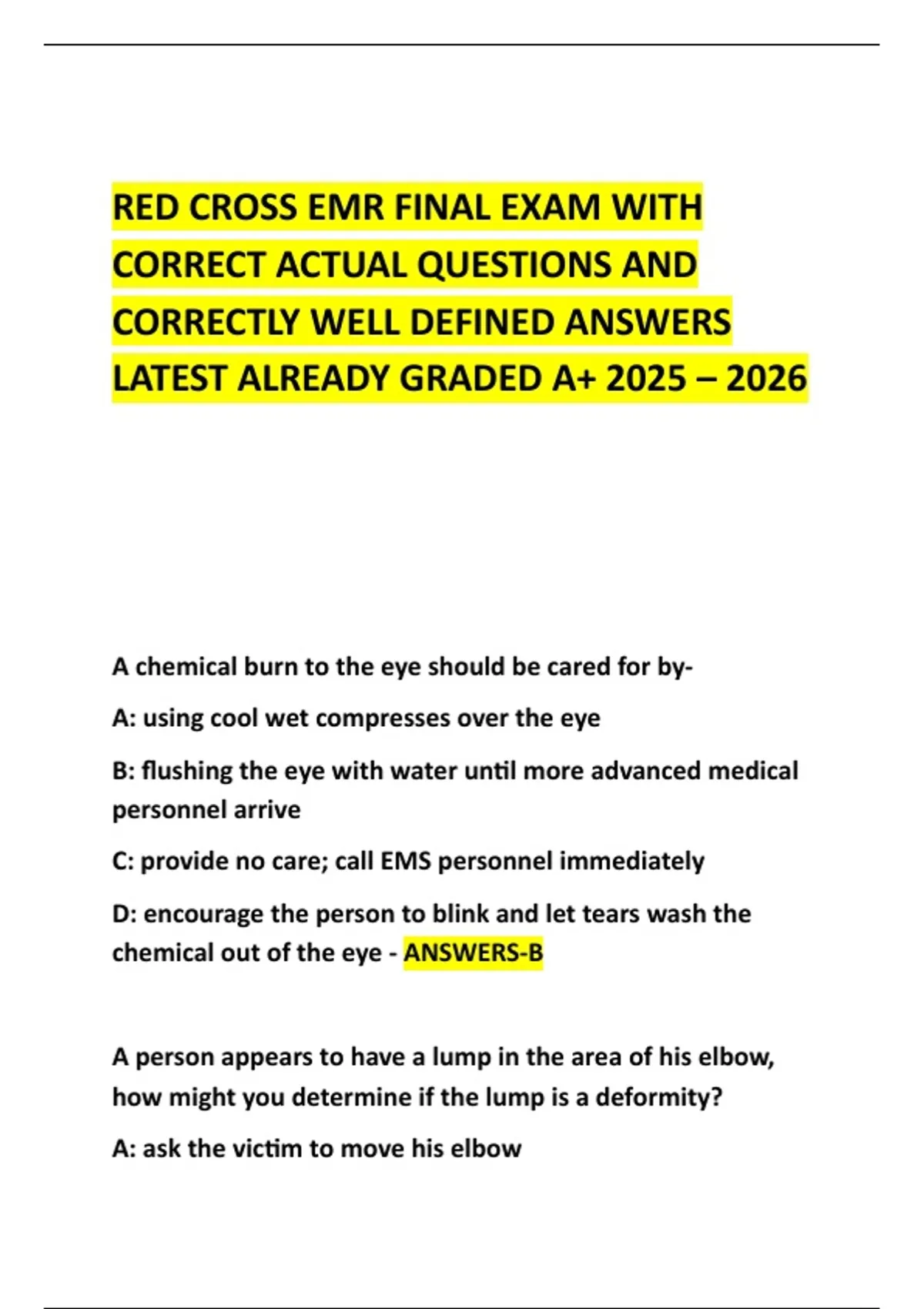 RED CROSS EMR FINAL EXAM WITH CORRECT ACTUAL QUESTIONS AND CORRECTLY ...