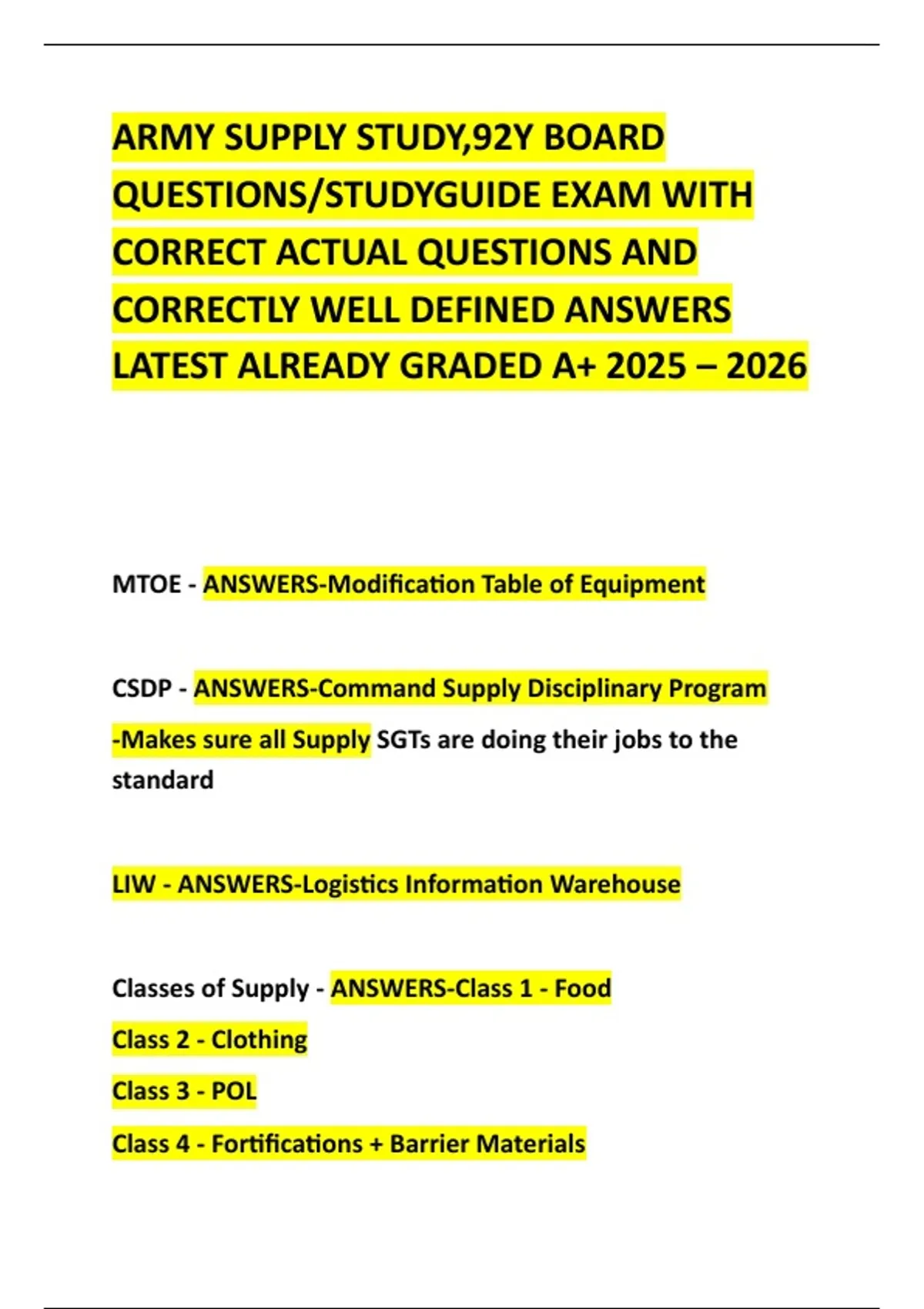 ARMY SUPPLY STUDY,92Y BOARD QUESTIONS/STUDYGUIDE EXAM WITH CORRECT ...