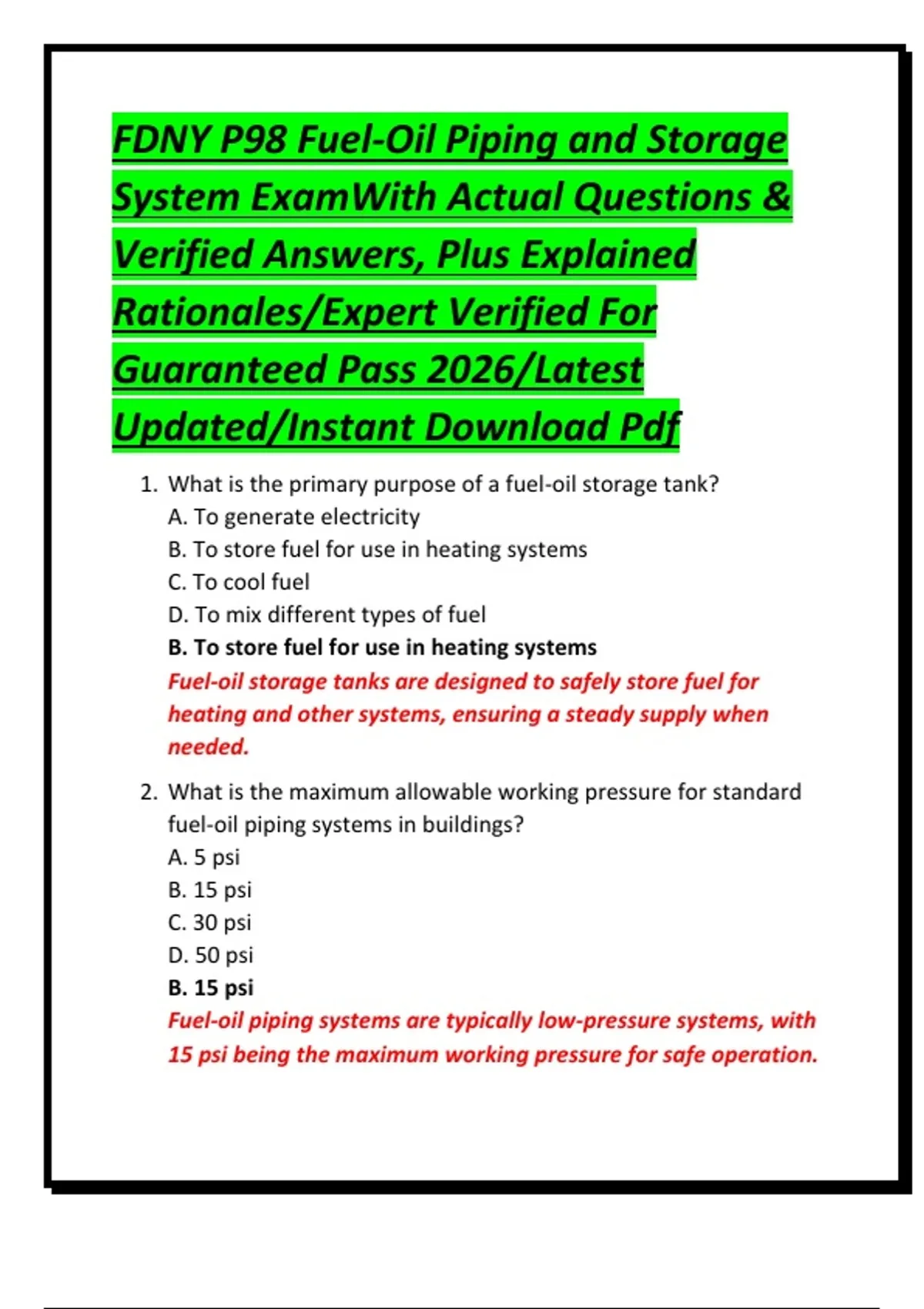 FDNY P98 Fuel-Oil Piping and Storage System ExamWith Actual Questions ...