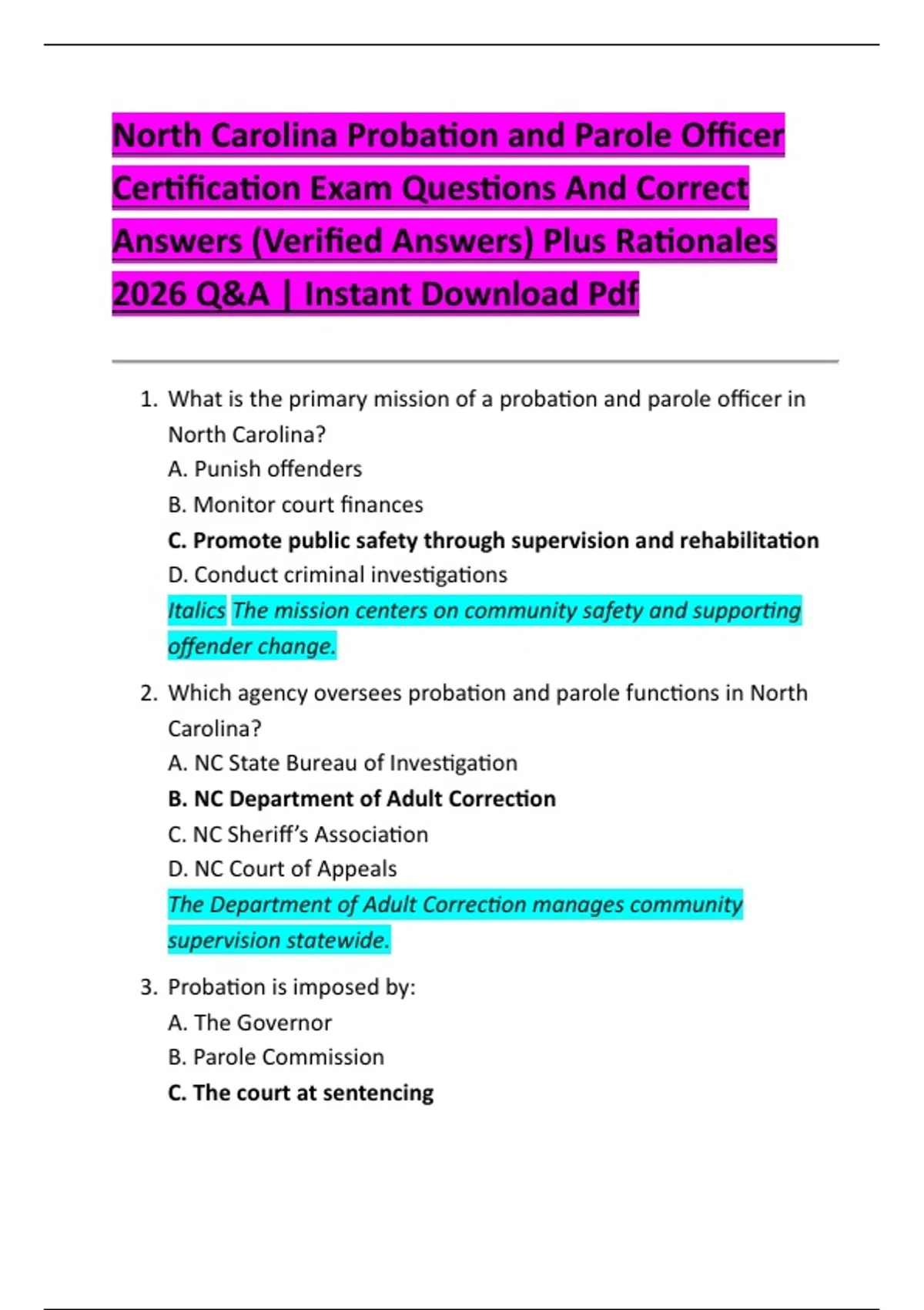 North Carolina Probation and Parole Officer Certification Exam ...