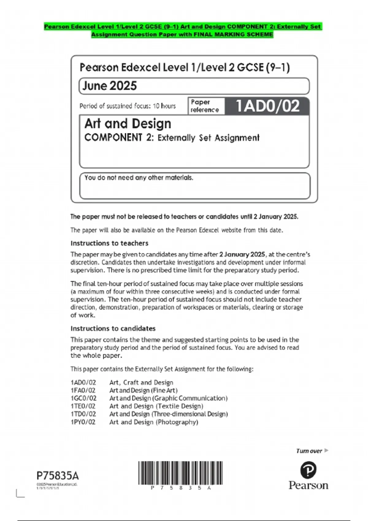 Pearson Edexcel Level 1/Level 2 GCSE (9–1) Art and Design COMPONENT 2 ...