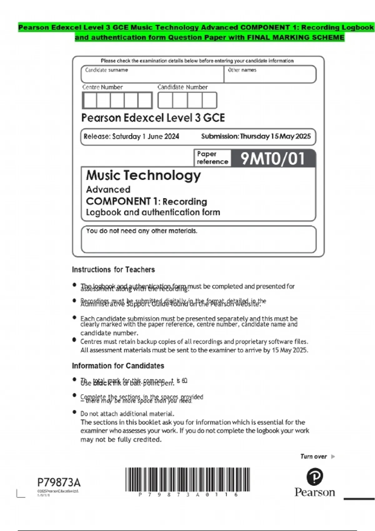 Pearson Edexcel Level 3 GCE Music Technology Advanced COMPONENT 1 ...