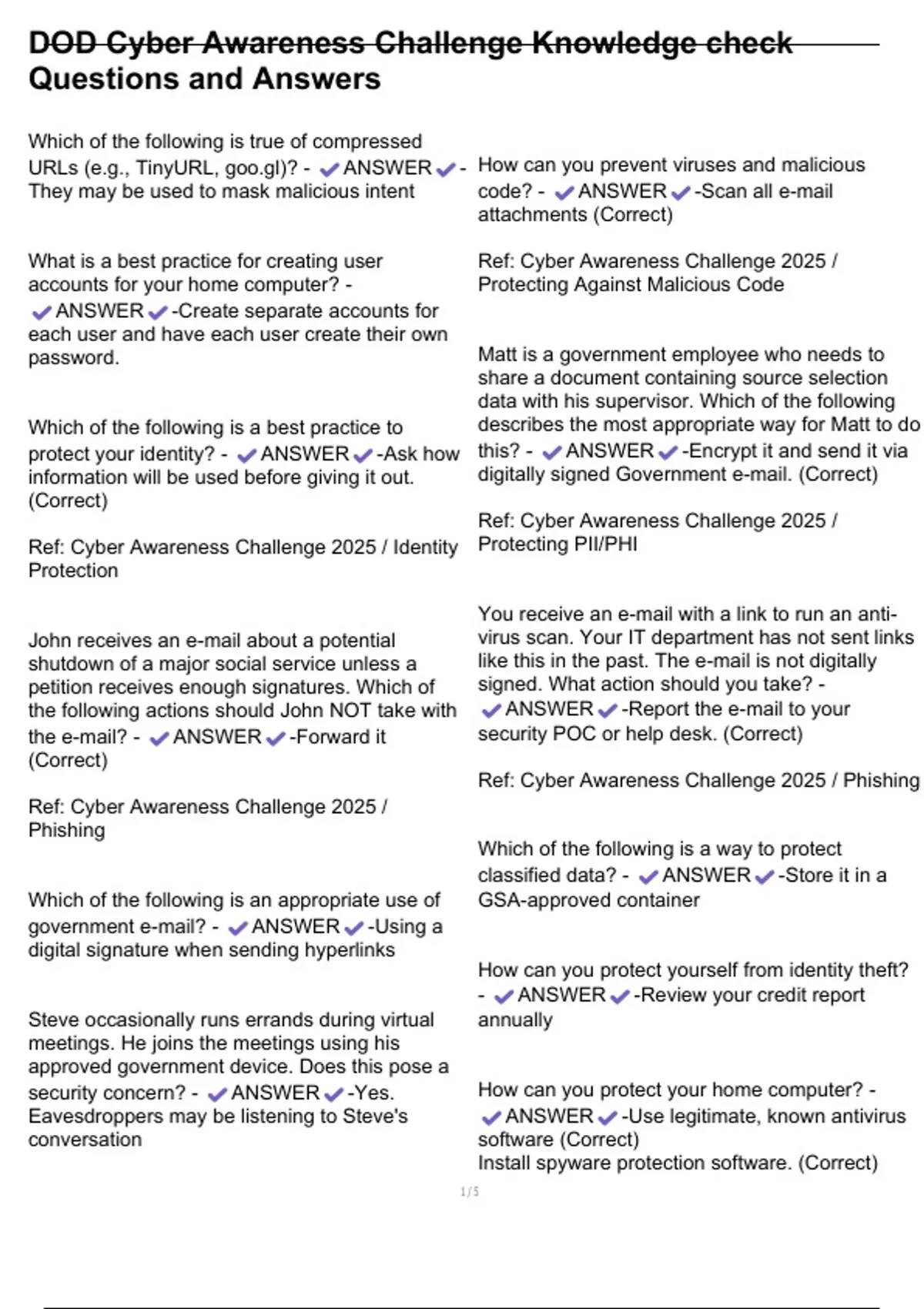 DOD Cyber Awareness Challenge Knowledge check Questions and Answers ...