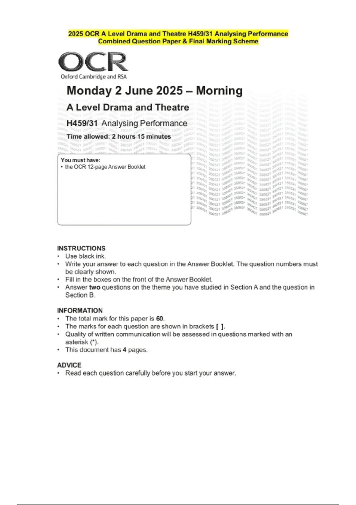 2025 OCR A Level Drama and Theatre H459/31 Analysing Performance ...