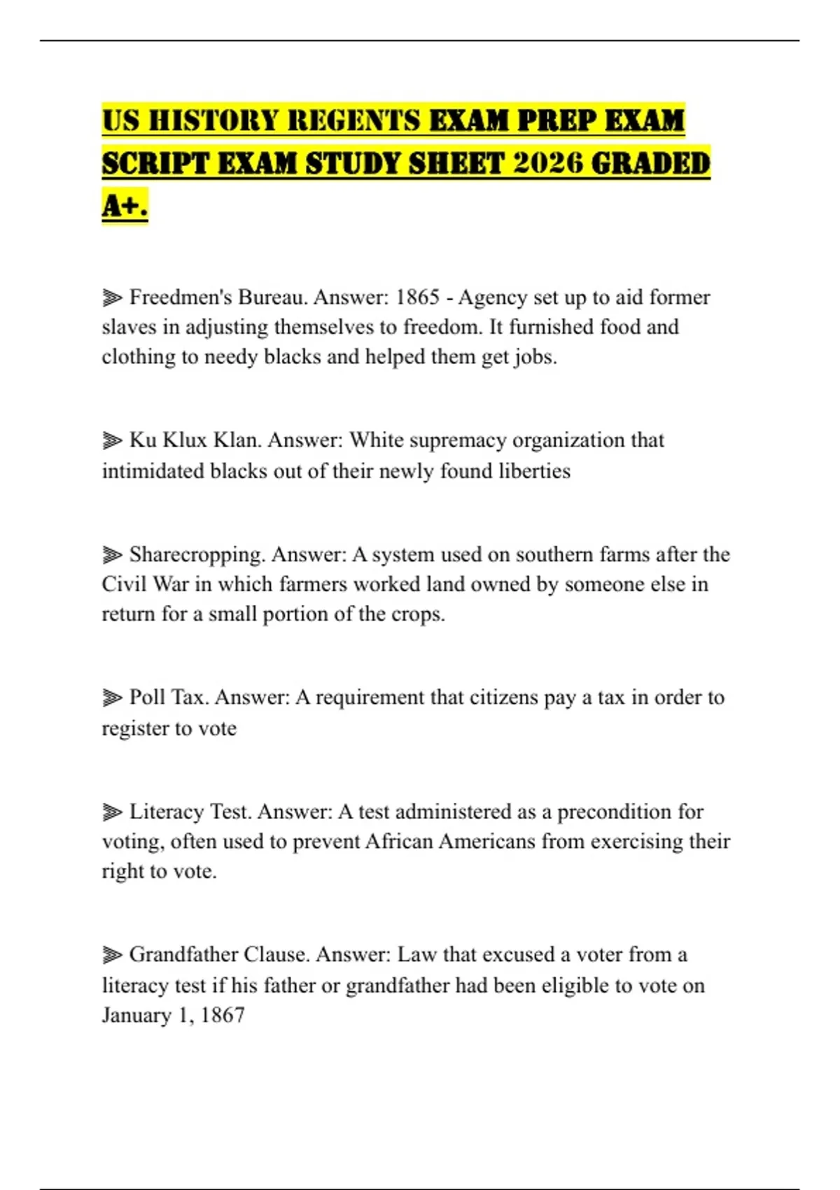 US HISTORY REGENTS EXAM PREP EXAM SCRIPT EXAM STUDY SHEET 2026 GRADED ...