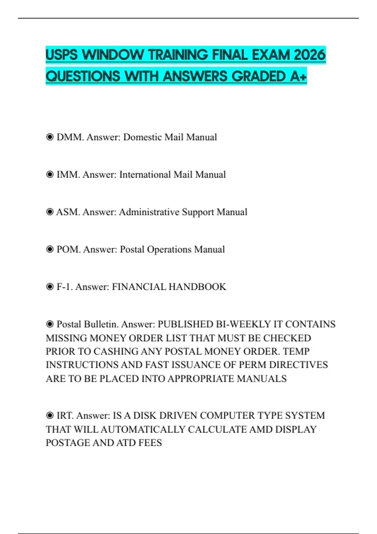 USPS WINDOW TRAINING FINAL EXAM 2026 QUESTIONS WITH ANSWERS GRADED A+ ...