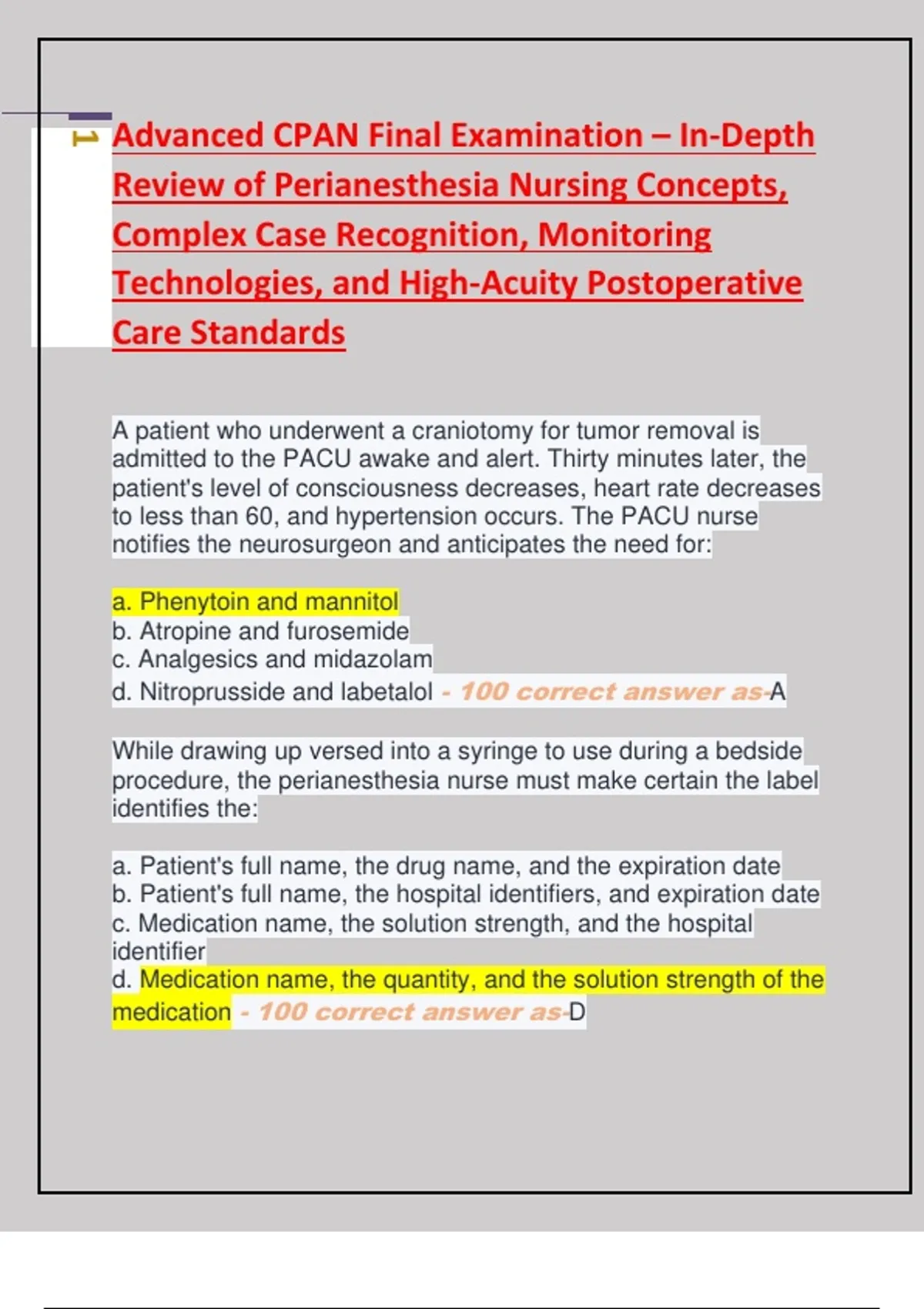 Advanced CPAN Final Examination – In-Depth Review of Perianesthesia ...
