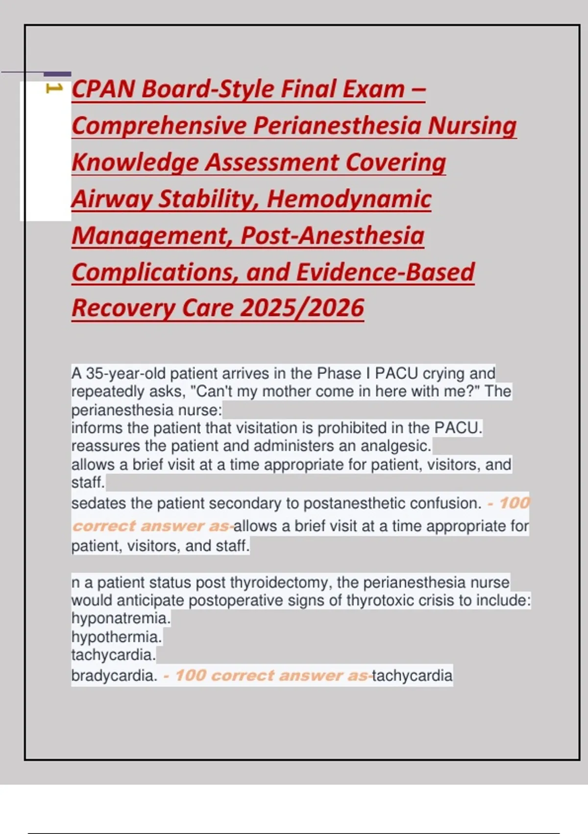 CPAN Board-Style Final Exam – Comprehensive Perianesthesia Nursing ...