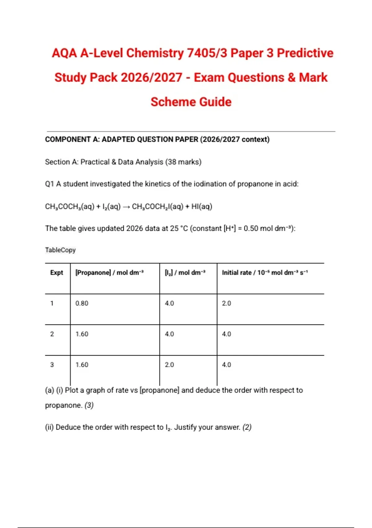 AQA A-Level Chemistry 7405/3 Paper 3 Predictive Study Pack 2026/2027 ...