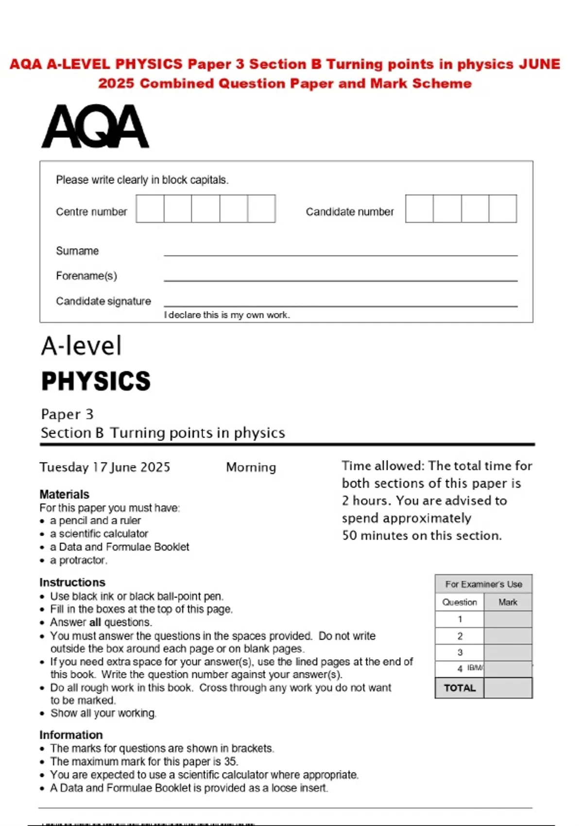 BUNDLE:::AQA A-LEVEL PHYSICS 2025 Combined Question Paper and Mark ...