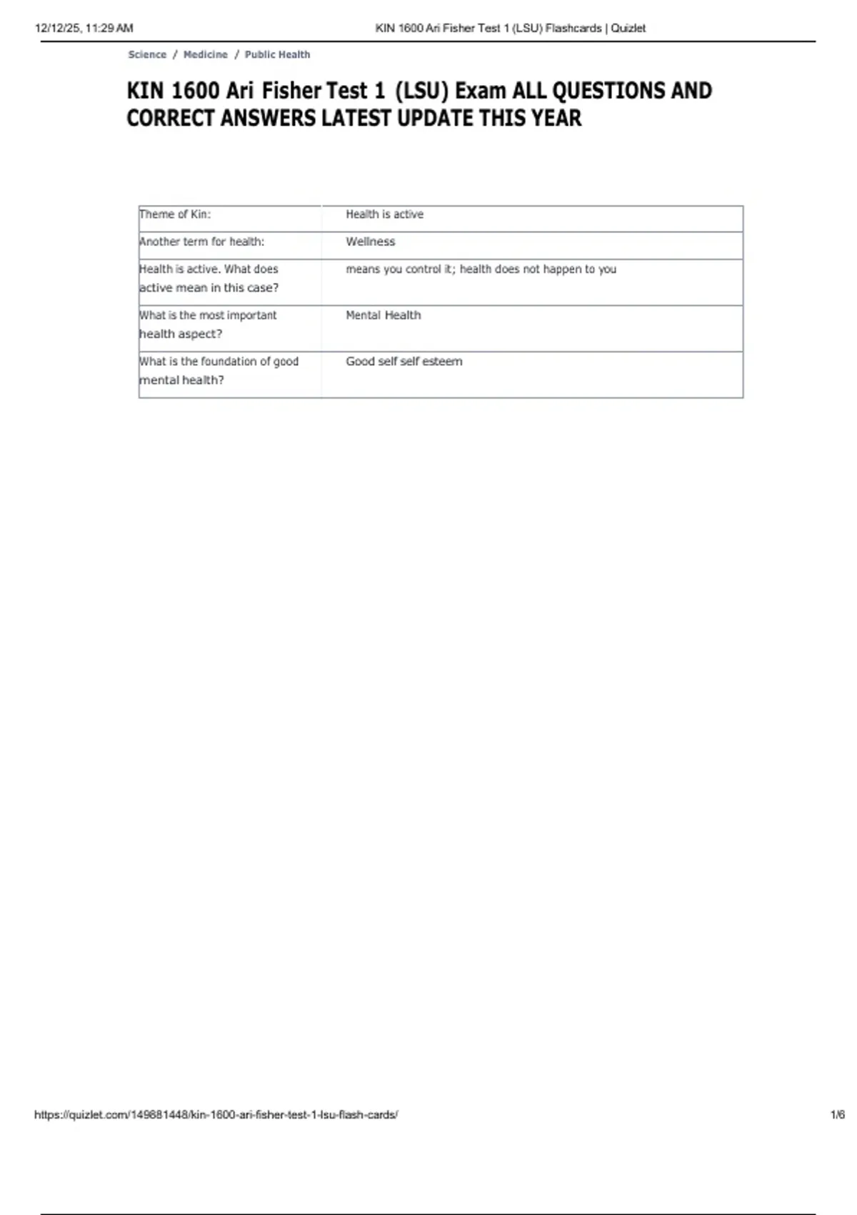 KIN 1600 Ari Fisher Test 1 (LSU) Exam ALL QUESTIONS AND CORRECT ANSWERS ...