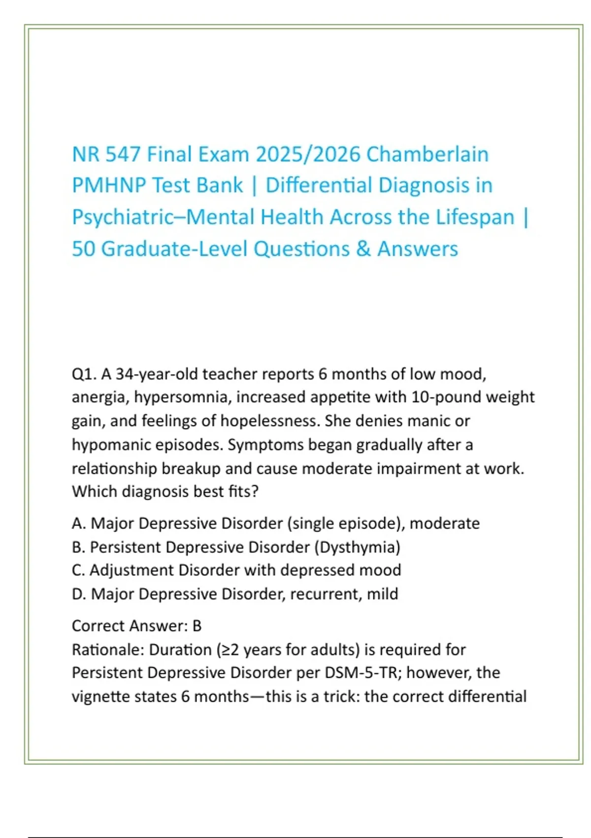 NR 547 Final Exam 2025/2026 Chamberlain PMHNP Test Bank | Differential ...