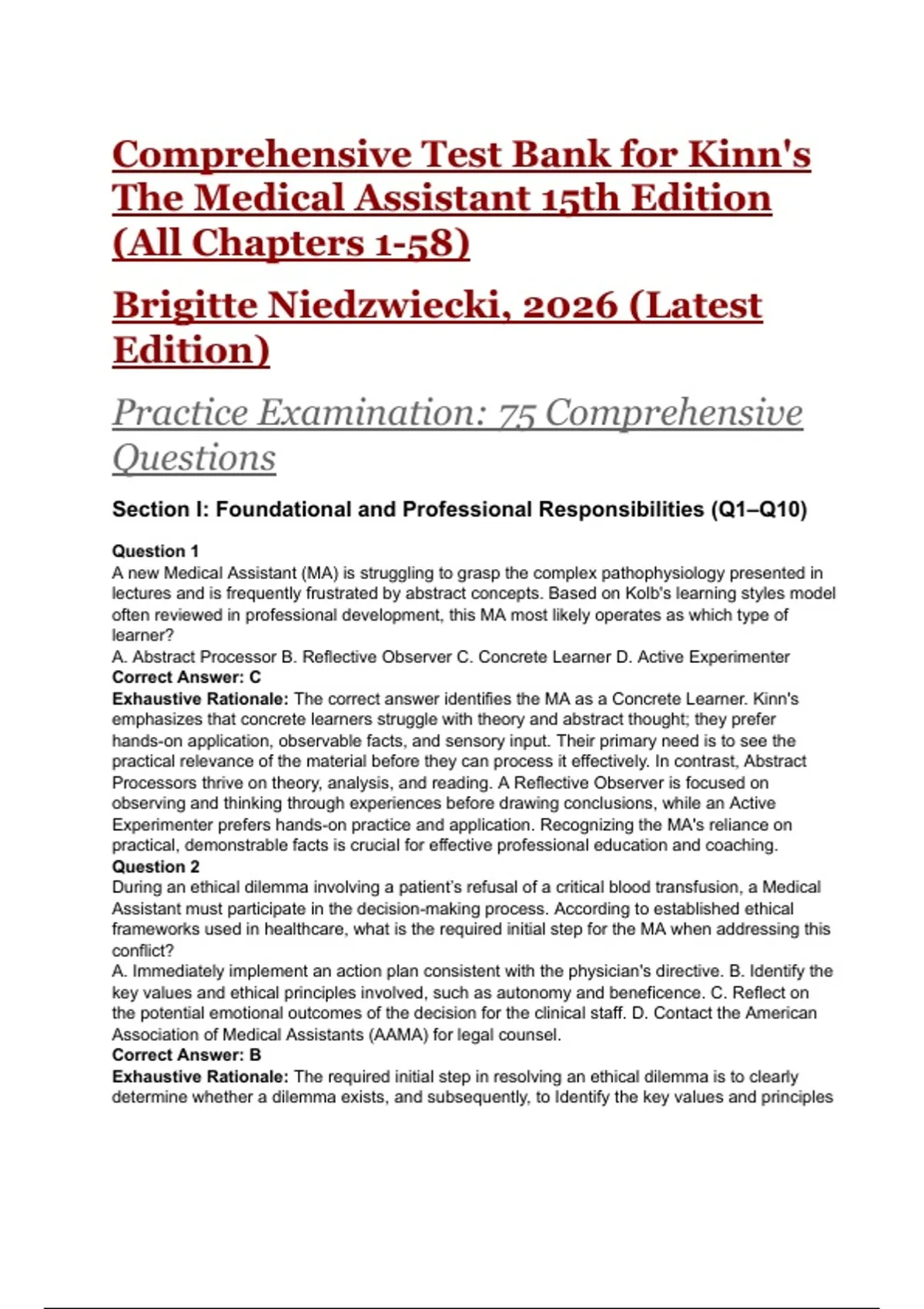 Kinn’s Medical Assistant – Comprehensive Test Bank (All Chapters 1–58 ...