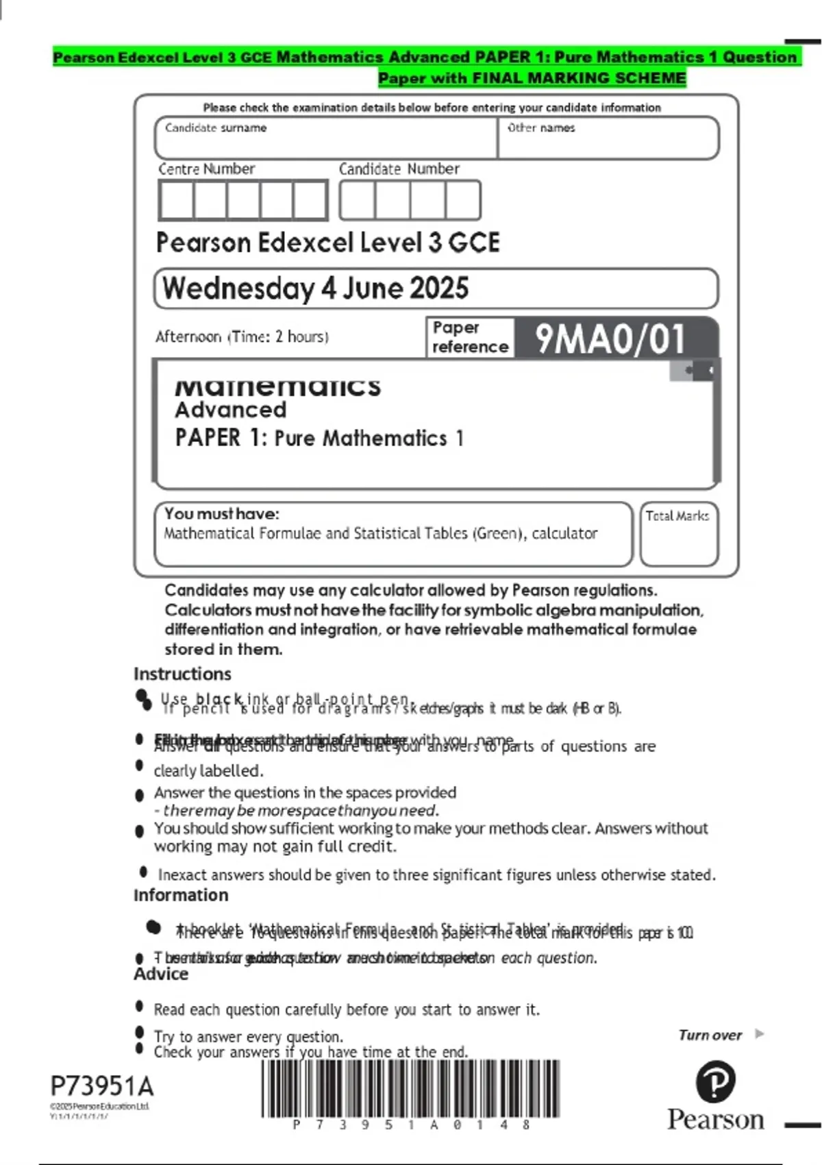 Pearson Edexcel Level 3 GCE Mathematics Advanced PAPER 1: Pure ...