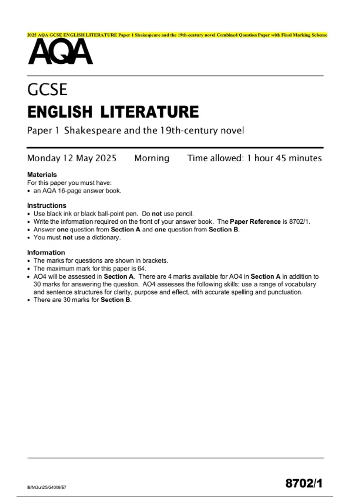 2025 AQA GCSE ENGLISH LITERATURE Paper 1 Shakespeare and the 19th ...