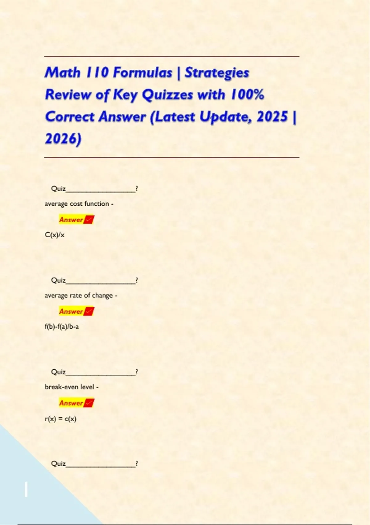 Math 110 Formulas | Strategies Review of Key Quizzes with 100% Correct ...