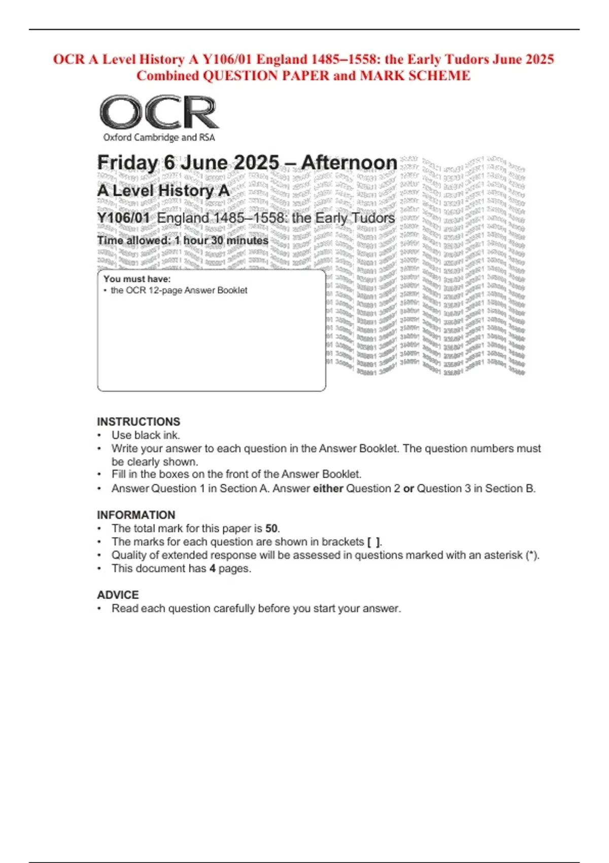 OCR A Level History A Y106/01 England 1485–1558: the Early Tudors June ...