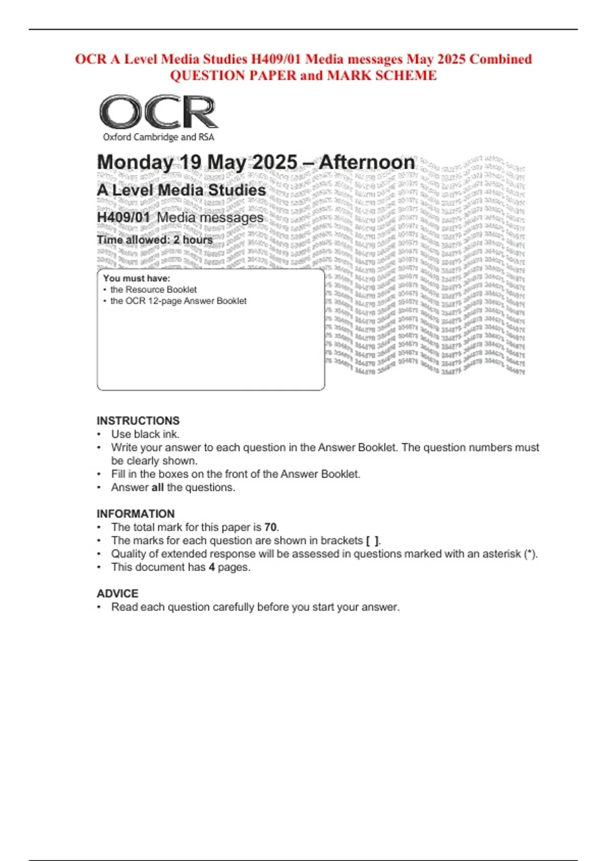 OCR A Level Media Studies H409/01 Media messages May 2025 Combined ...