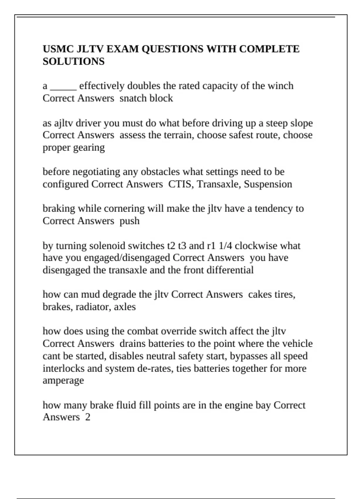 USMC JLTV EXAM QUESTIONS WITH COMPLETE SOLUTIONS - Usmc - Stuvia US