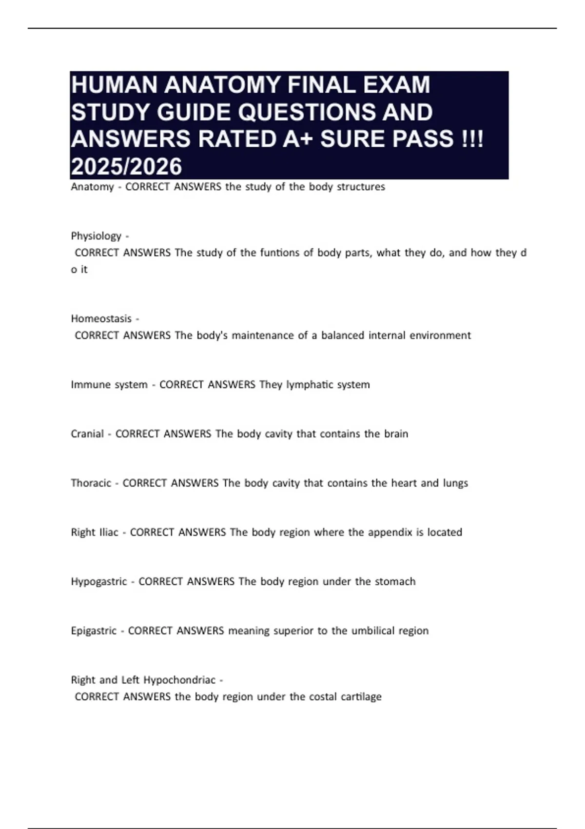 HUMAN ANATOMY FINAL EXAM STUDY GUIDE QUESTIONS AND ANSWERS RATED A+ SURE PASS !!! 2025/2026 ...