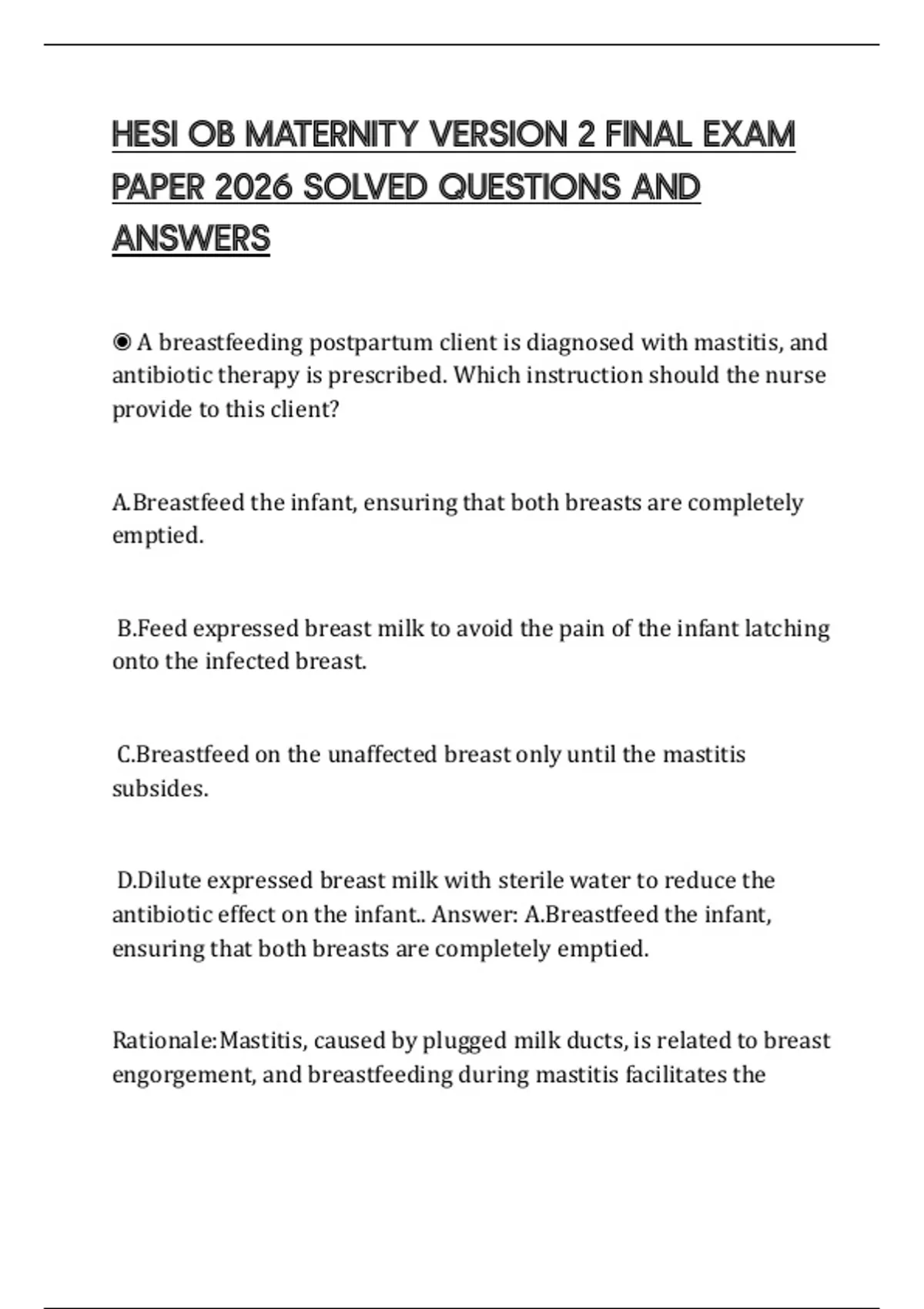HESI OB MATERNITY VERSION 2 FINAL EXAM PAPER 2026 SOLVED QUESTIONS AND ...
